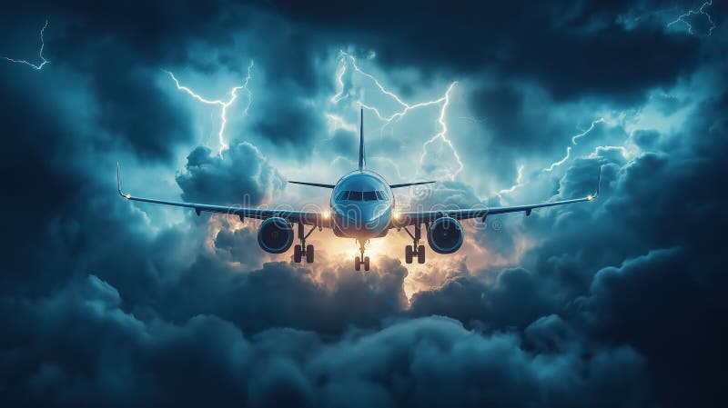 Airplane Flying through Dramatic Thunderstorm Clouds with Lightning ...
