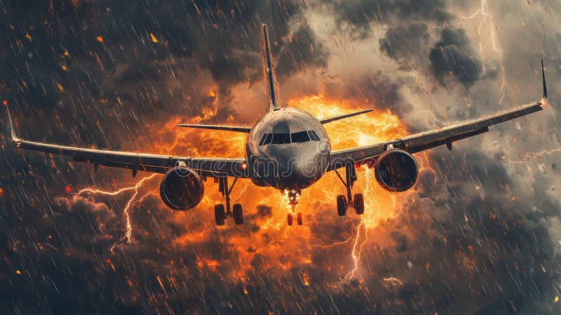 Airplane Flying Head-on into Storm with Fiery Lightning Explosion Stock ...