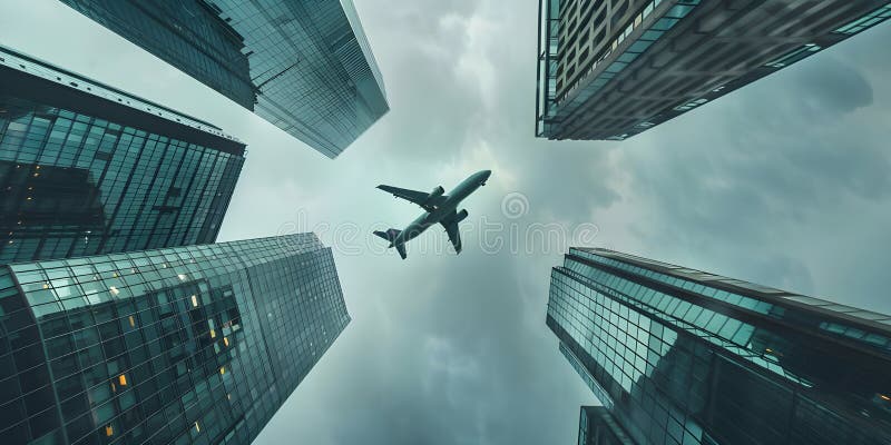 Airplane Flying between High-rise Glass Buildings Background Stock ...