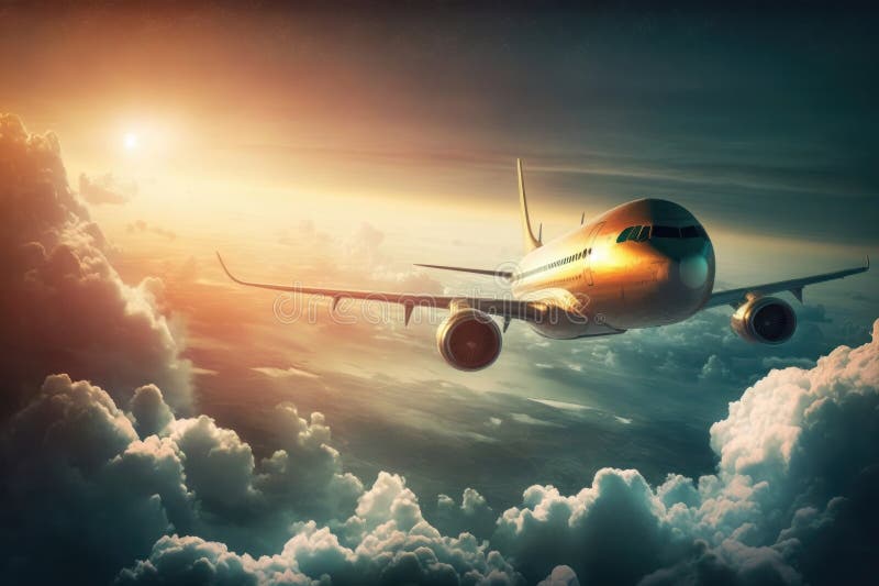 Airplane Flying High in the Sky at Sunset. Travel Concept Stock ...