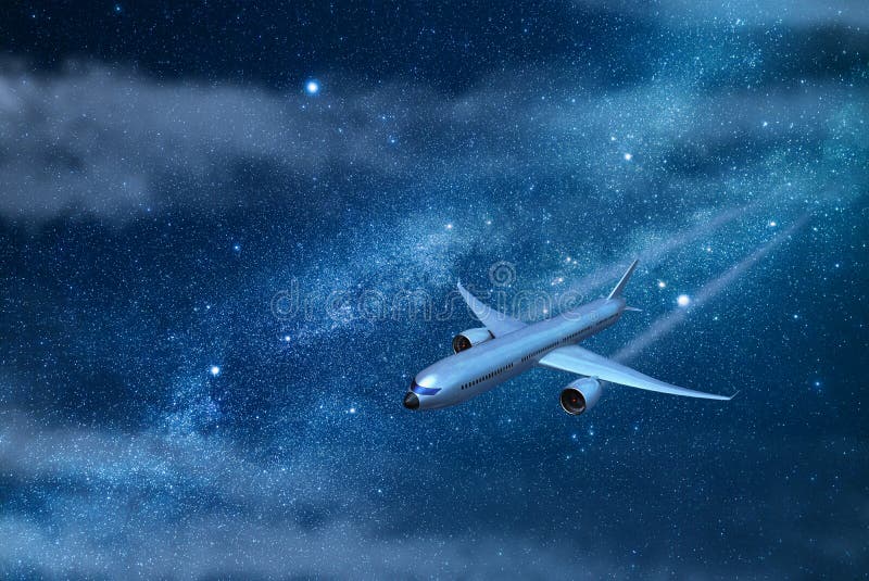 Airplane is Flying in the Night Sky. Template, Mockup, Design Stock ...