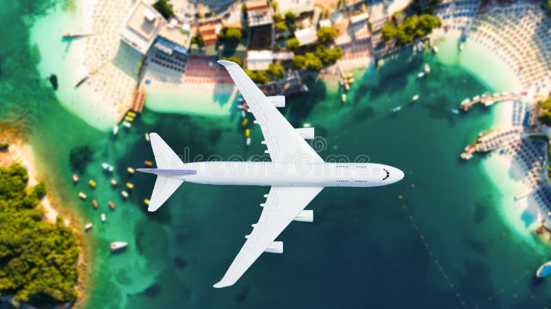 Airplane Flying Over Beach with Palm Tree, White Sand and Turquoise ...