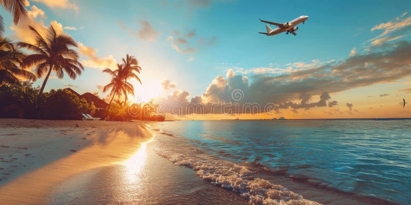 Airplane Flying Over a Beach at Sunset, Perfect for Travel Ads Stock ...