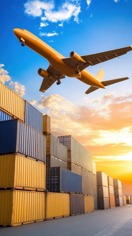 Airplane Flying Over a Cargo Container Symbolizing International ...
