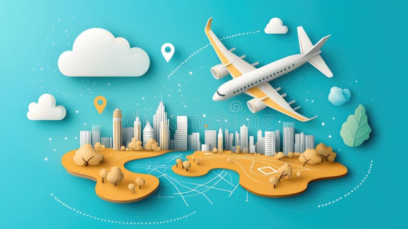 Airplane Flying Over City Skyline with Clouds and Map Elements Stock ...