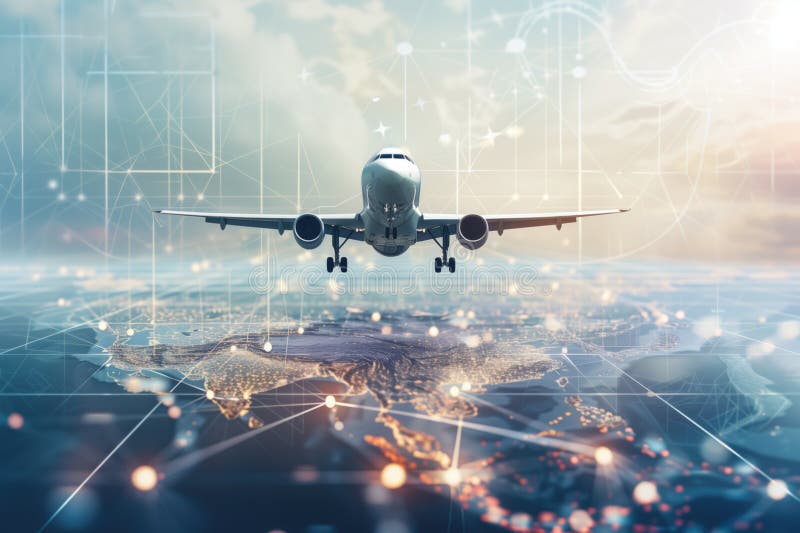 Airplane Flying Over a Cityscape with Digital Network Overlay and ...