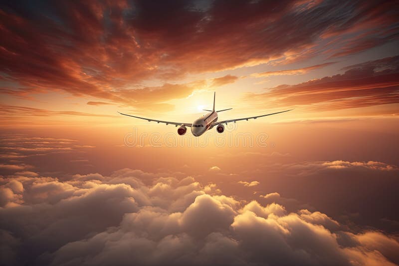 An Airplane Flying Over the Clouds in the Sky at Sunset or Sunrise or ...