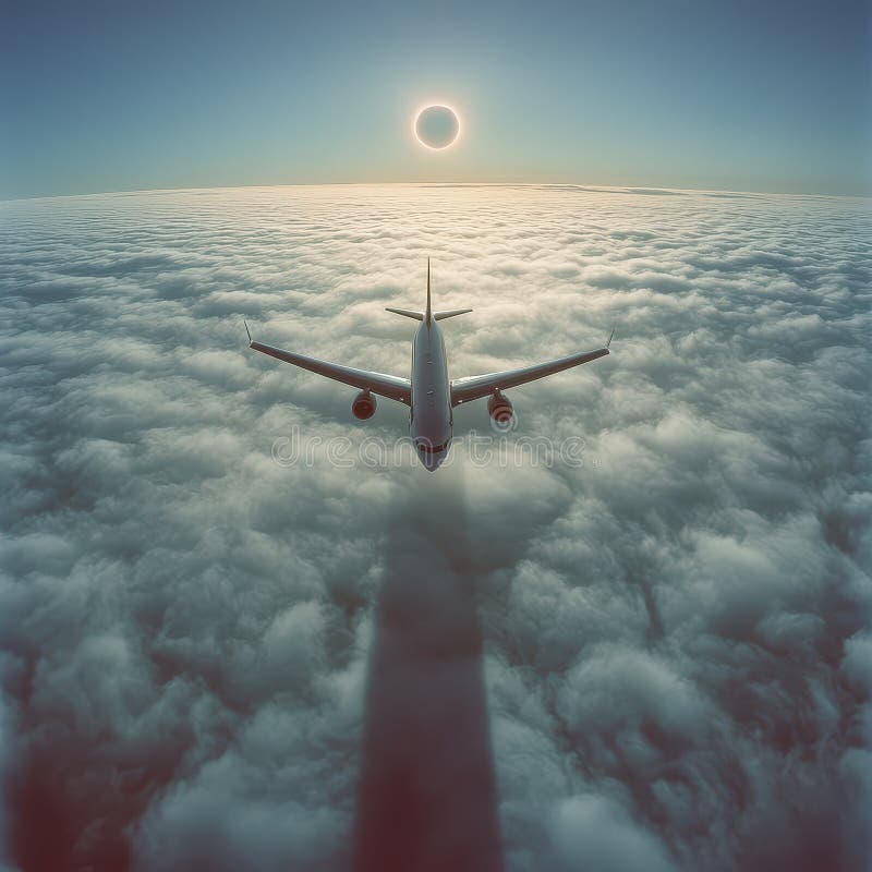 Airplane Flying Over Clouds during Solar Eclipse in Clear Sky Stock ...