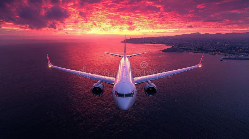 Airplane Flying Over Coastal City Sunset Stock Photos - Free & Royalty ...