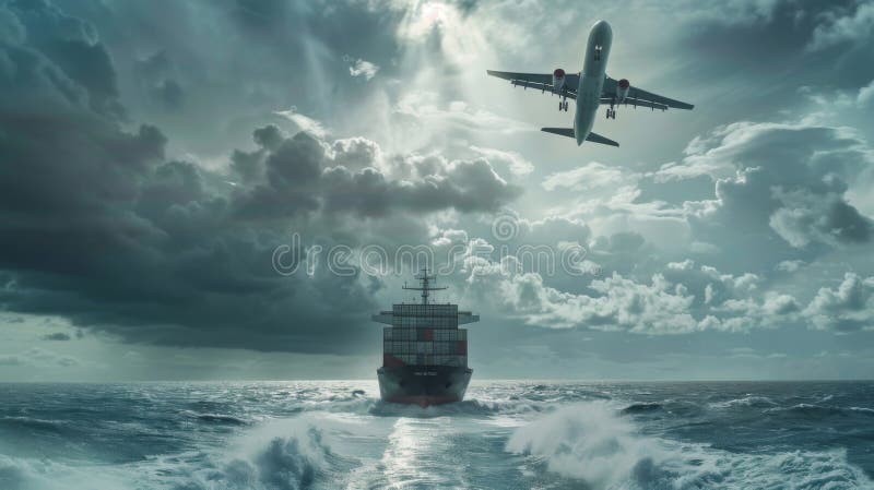 Airplane Flying Over a Container Ship Sailing on a Rough Sea Under a ...