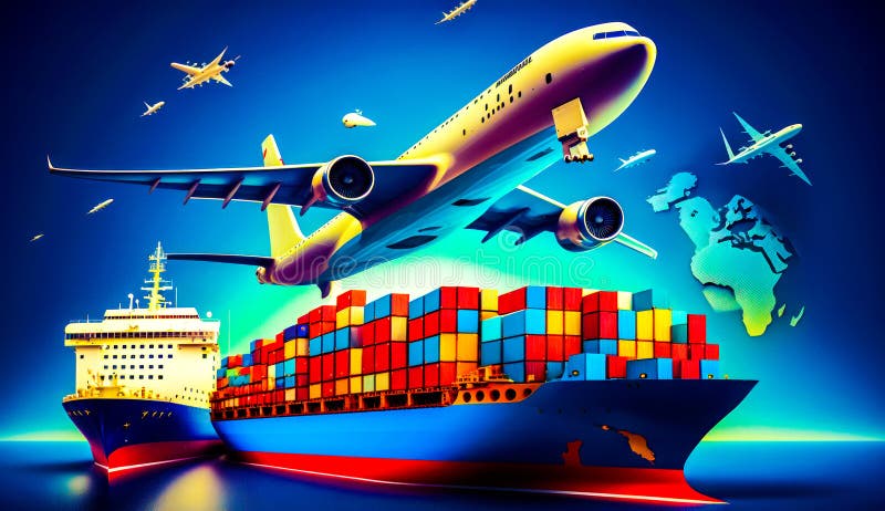 Airplane is Flying Over Large Container Ship and Statue of Man ...