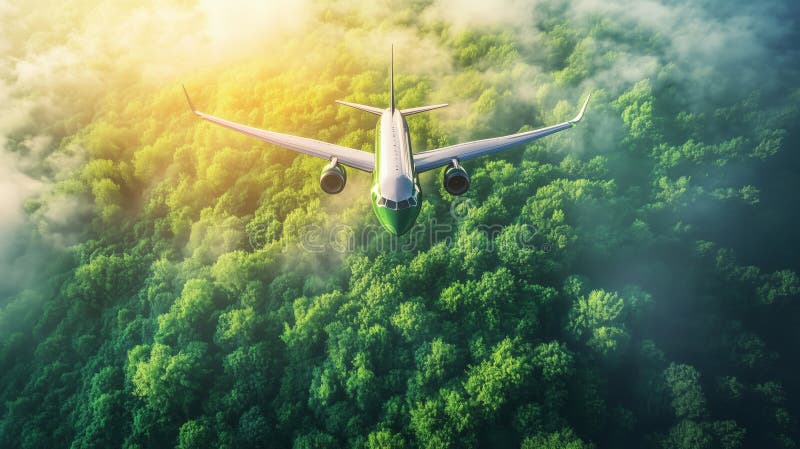 Airplane Flying Over Lush Green Forest Stock Photo - Image of beauty ...