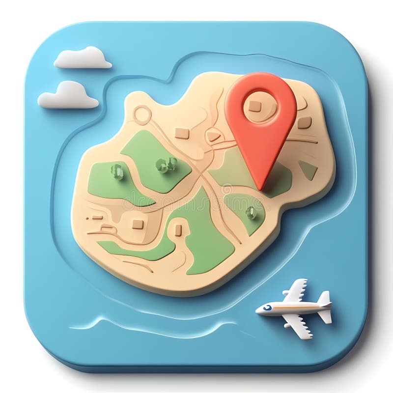 Airplane Flying Over Map with Location Pin in Travel App Icon. AI ...