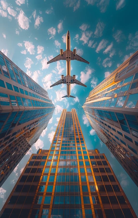 Airplane Flying Over the Modern Skyscraper Buildings at the Airport ...