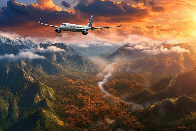 An Airplane Flying Over Mountains and Clouds Stock Illustration ...
