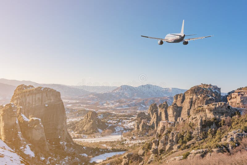 Airplane Flying Over the Mountains. Travel Concept Stock Photo - Image ...