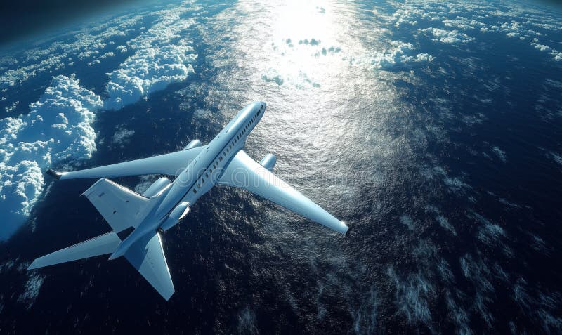 Airplane Flying Over Ocean with Clouds and Sunlight Reflection on Water ...