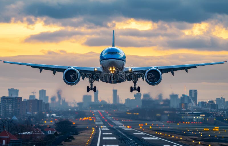 Airplane is Flying Over the Runway during Nice Sunrise Stock Image ...