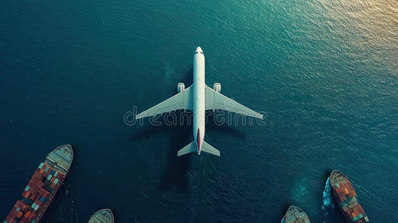 Airplane Flying Over the Sea Accompanied by Two Container Ships during ...