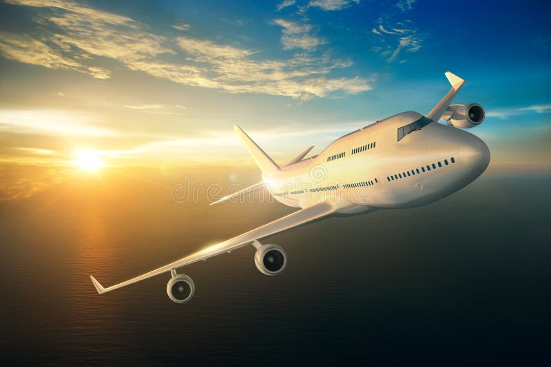 Airplane Flying Over the Sea during Sunset Stock Illustration ...