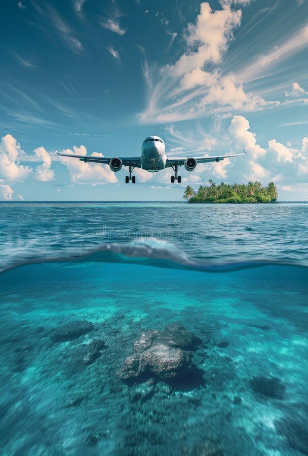 Airplane Flying Over Small Island in Ocean Stock Photo - Image of high ...