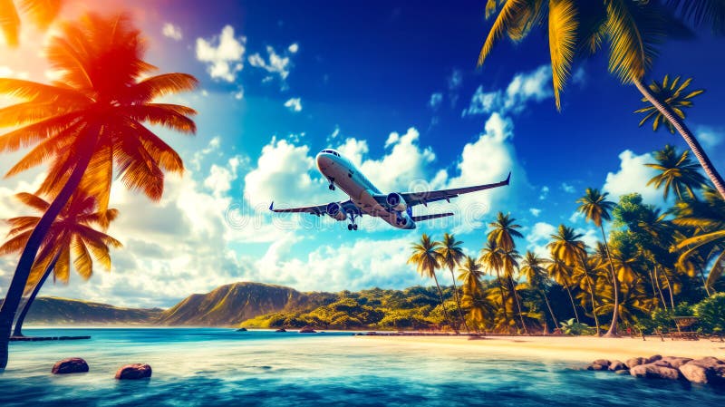 Airplane Flying Over Tropical Beach with Palm Trees and Blue Sky ...