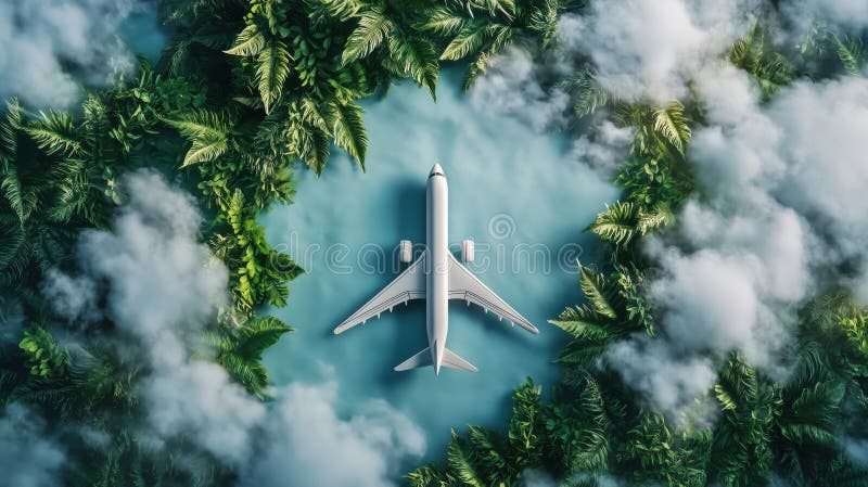 Airplane Flying Over Tropical Forest and Water Surrounded by Lush ...
