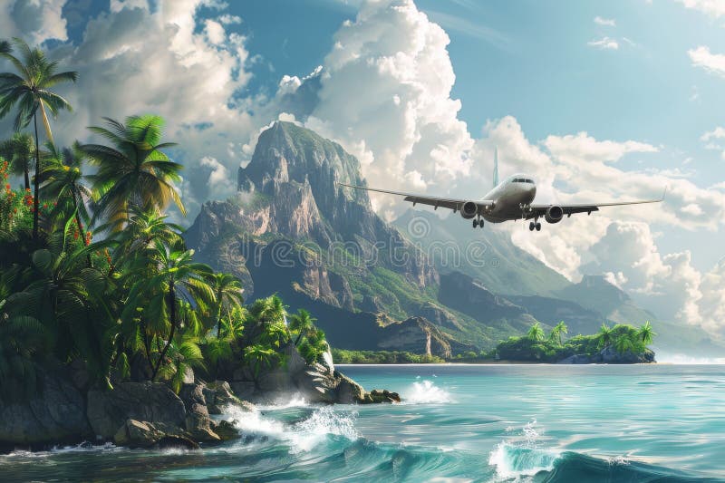 Airplane Flying Over Tropical Islands. Stock Image - Image of holiday ...