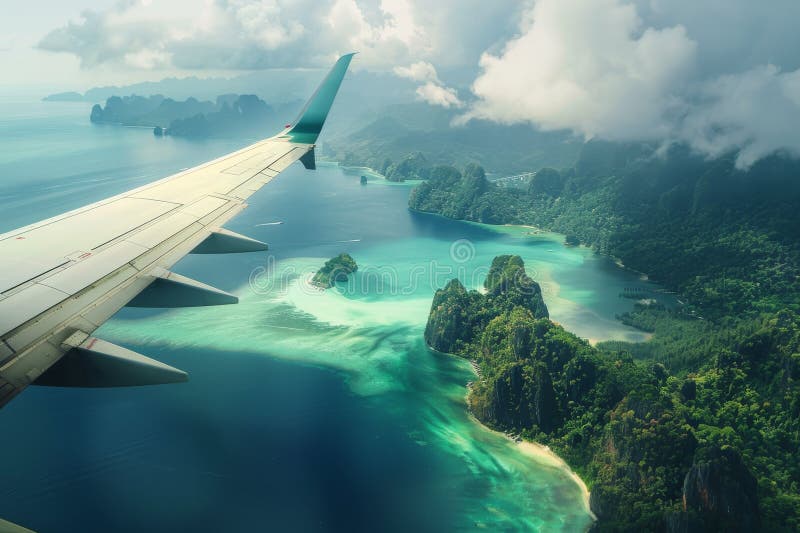 Airplane Flying Over Tropical Islands. Stock Photo - Image of ...