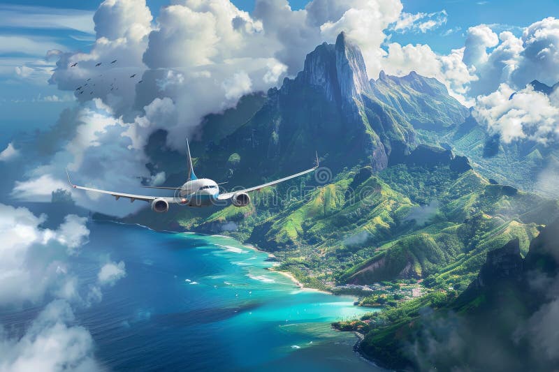 Airplane Flying Over Tropical Islands. Stock Photo - Image of nature ...