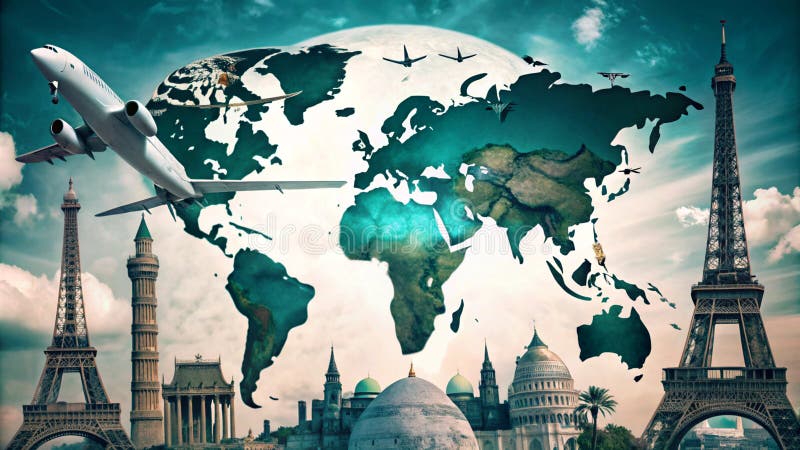 Airplane Flying Over a World Map with Famous Landmarks Stock Photo ...