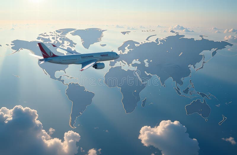 Airplane Flying Over World Map in Sky - Global Travel and Exploration ...