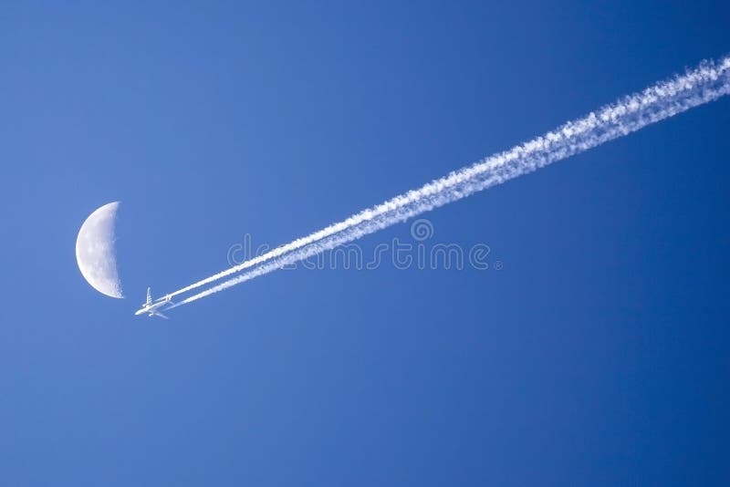 Airplane Flying Past the Moon Stock Image - Image of wing, space: 59259469