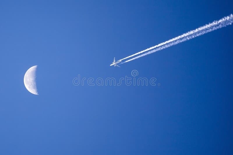 Airplane Flying Past the Moon Stock Image - Image of airliner, trip ...
