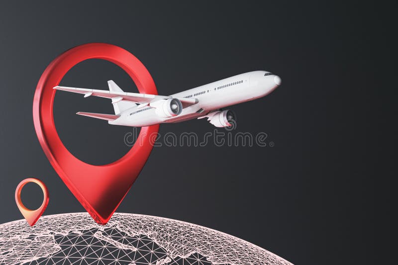 Airplane Flying through Red Geolocation Pin Over Abstract Globe on Dark ...