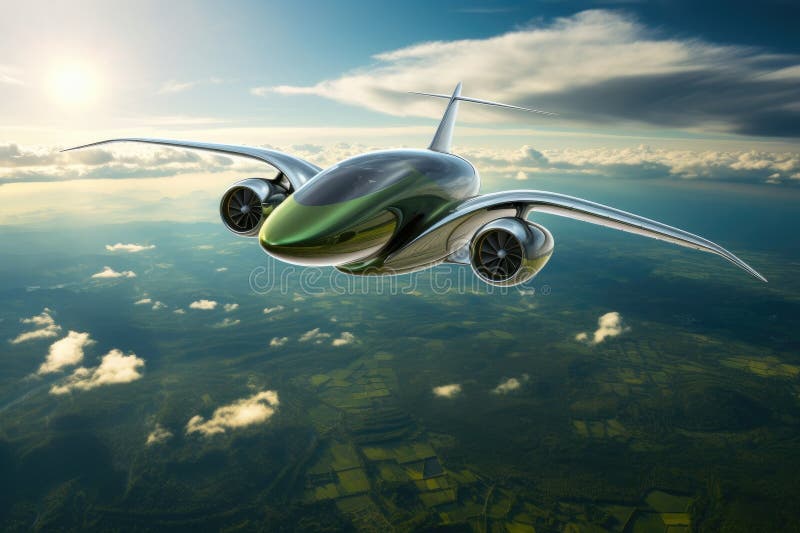 Airplane Flying in the Sky. 3D Render of Airplane, Biofuel-Powered ...