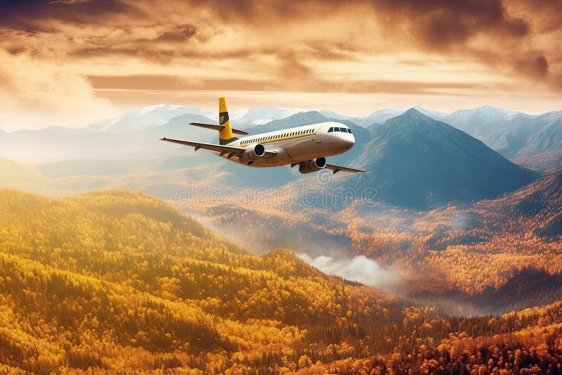 An Airplane Flying Over Mountains in the Fall Stock Illustration ...