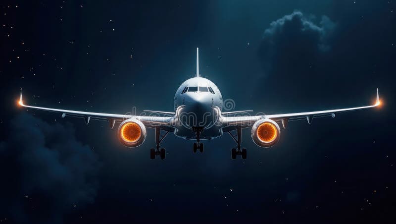 Airplane Flying through a Starry Night with Glowing Engines and ...