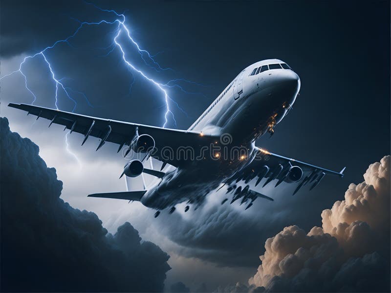 Airplane Flying through Storm Clouds with Lightning. Private Jet ...