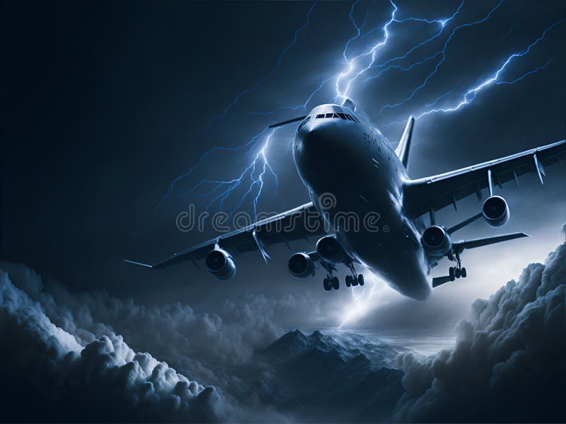 Airplane Flying through Storm Clouds with Lightning. Private Jet ...