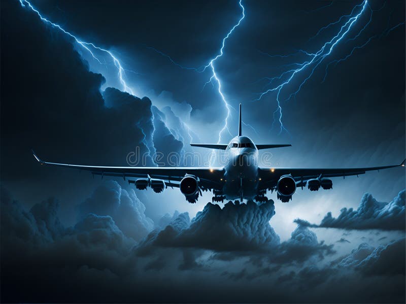 Airplane Flying through Storm Clouds with Lightning. Private Jet ...