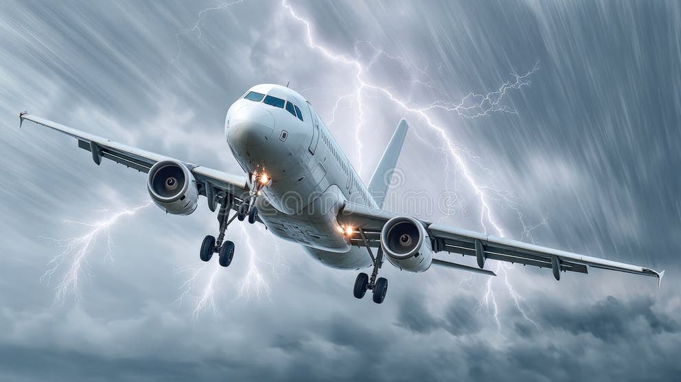 Airplane Flying through Storm and Lightning. Stock Illustration ...