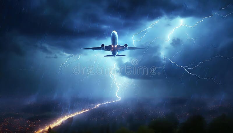 An Airplane Flying through a Storm with Lightning Striking Around it ...