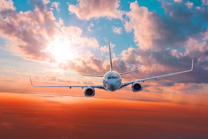 Airplane Flying Straight into the Camera in the Morning Sky Illuminated ...