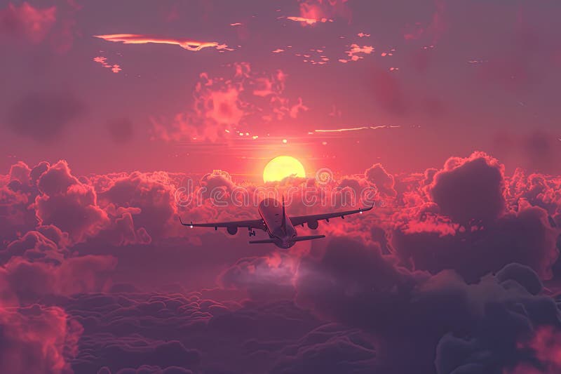 Airplane is Flying at Sunset Stock Illustration - Illustration of ...
