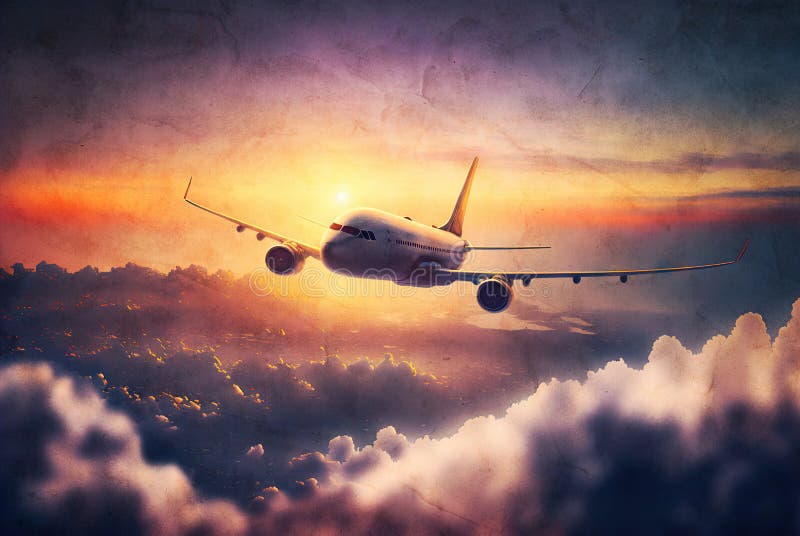 Airplane Flying at Sunset, Generative Ai Stock Illustration ...