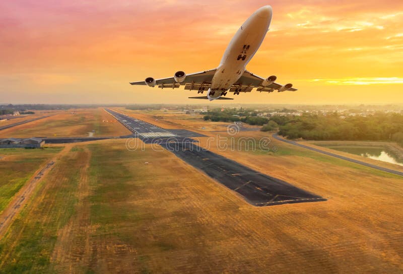 Airplane Flying Take Off from Runway on Sunset Stock Image - Image of ...