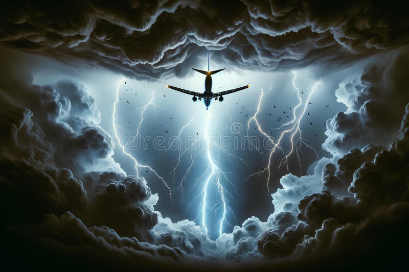 An Airplane Flying through a Thunderstorm Surrounded by Dark Storm ...