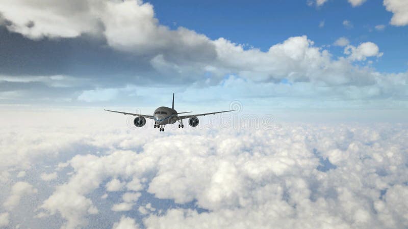Airplane Flying Under the Camera in the Clouds. 3D Render Stock Footage ...