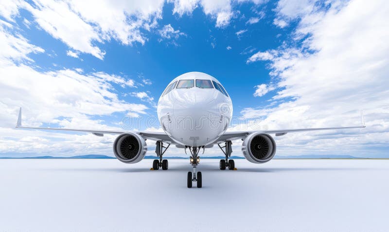 Airplane Front View Against a Clear Sky with Clouds Stock Illustration ...